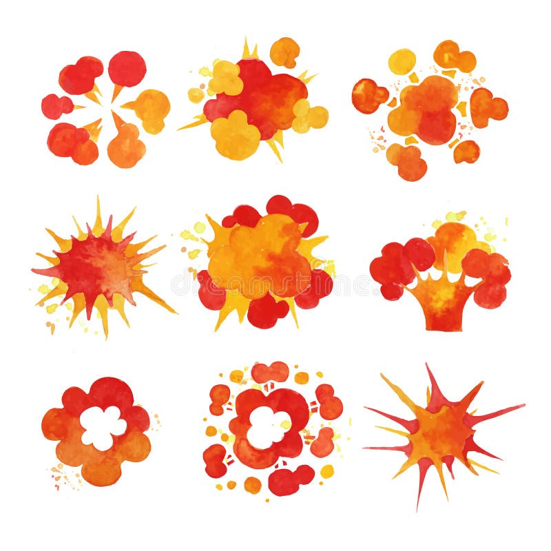 Explosions Set, Fire Burst Effect Watercolor Vector Illustrations Stock ...
