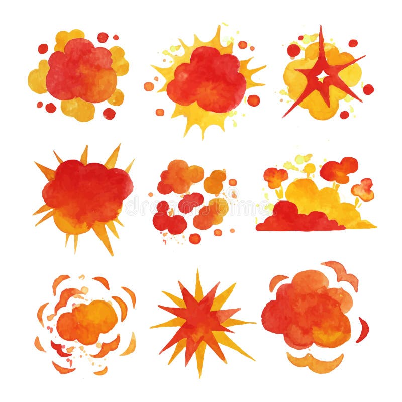 Explosions Set, Fire Explosion Effect Watercolor Vector Illustrations ...