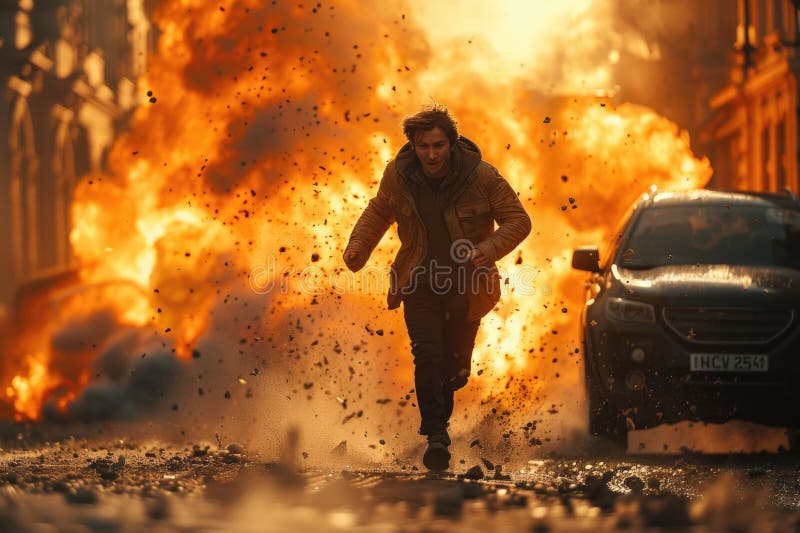 Explosive Action: Thrilling Scene with Man Running from Explosion and ...