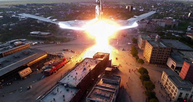 Explosive Aerial View of a Dramatic Attack on an Urban Area with Smoke ...