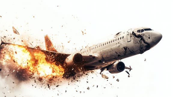 Explosive Airplane Crash Mid-Air with Debris and Flames Stock ...
