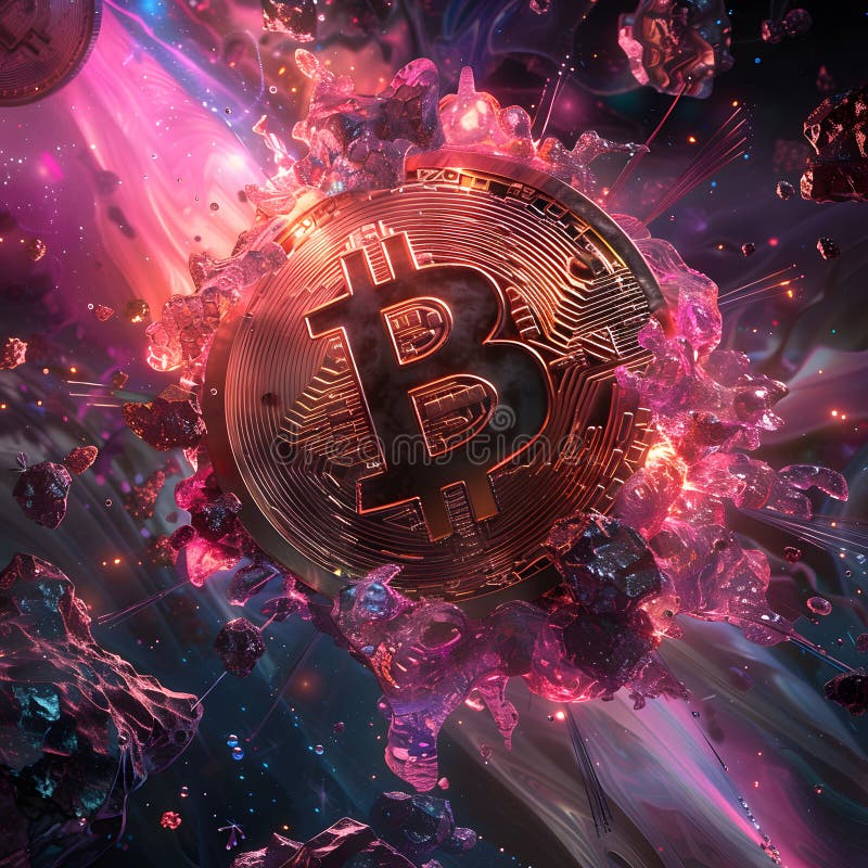 Explosive Bitcoin in Cosmic Space with Colorful Energy Stock Image ...