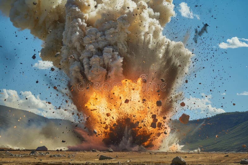 Explosive Blast in Quarry with Flying Debris Stock Image - Image of ...