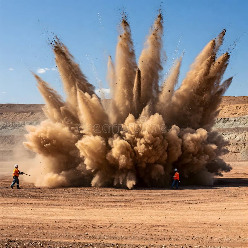 Explosive Blast in a Quarry, Workers Walking Away from the Dust Cloud ...