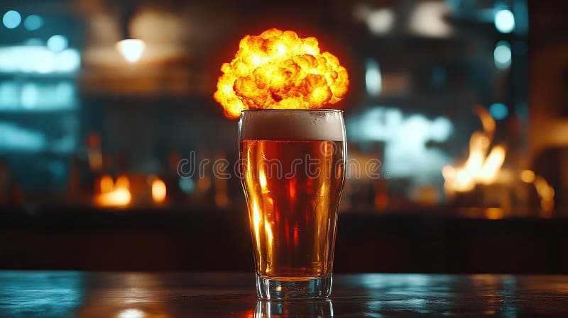 Explosive Brew: Glass of Beer with a Fiery Explosion Inside, Creating a ...
