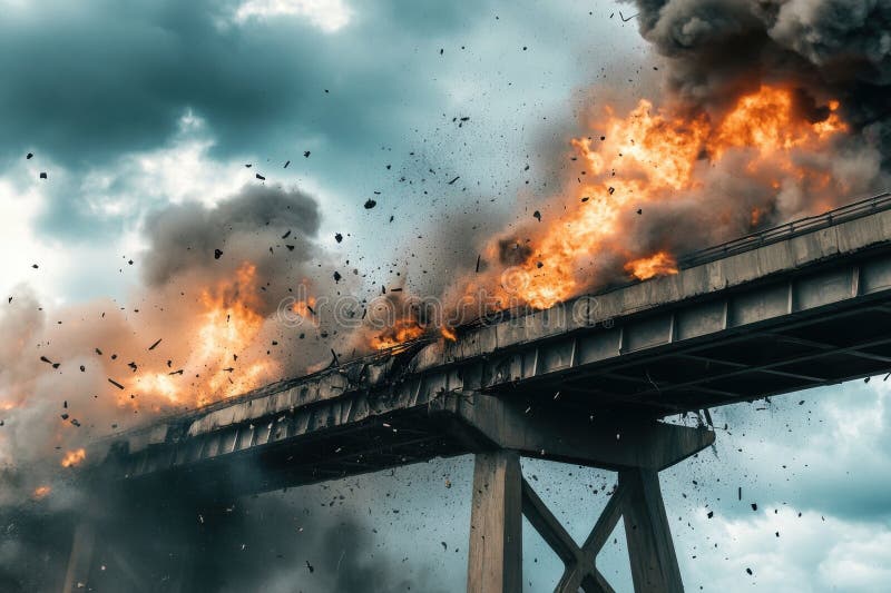 Explosive Bridge Destruction with Fiery Explosion and Smoke in Dramatic ...