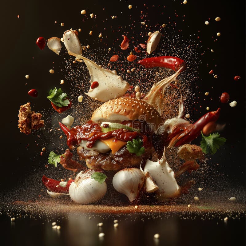 Explosive Burger Sensations: Flying Burgers with Fiery Ingredients ...