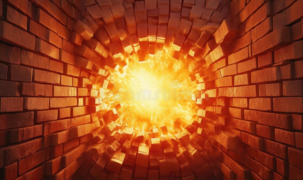 Explosive Burst through Brick Wall Creating Fiery Light and Energy ...