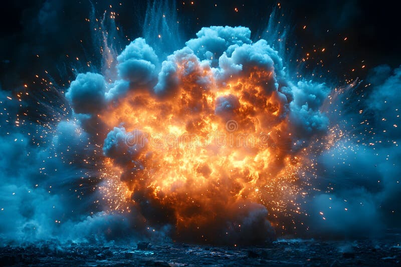 Explosive Burst with Fiery Orange Flames and Dark Blue Smoke for High ...