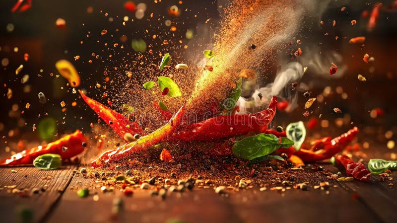 Explosive Burst of Spices and Red Chilies with Flying Herbs and Flavors ...