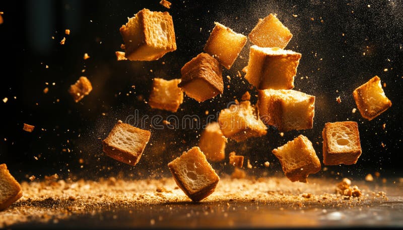 Explosive Burst of Toasted Bread Cubes Stock Photo - Image of food ...