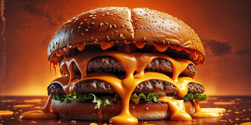 Explosive Cheeseburger with Melted Cheese on Dark Orange Background ...