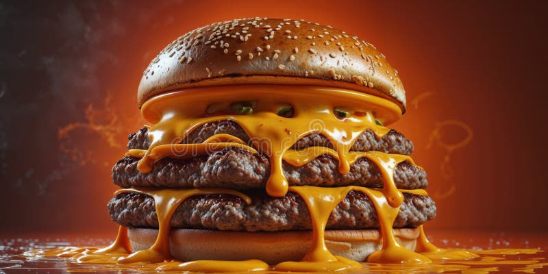 Explosive Cheeseburger with Melted Cheese on Dark Orange Background ...