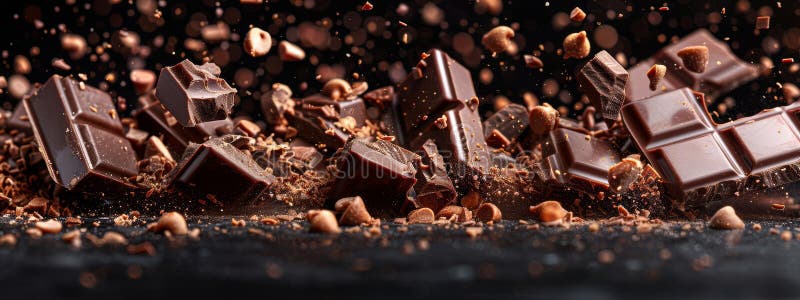 Explosive Chocolate Shards Amidst Airborne Cocoa Pieces on a Dark ...