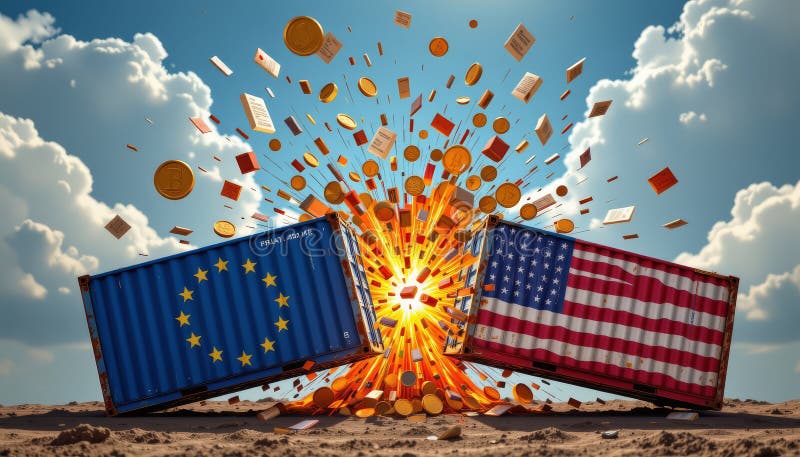 Explosive Clash of Cargo Containers Representing Europe and USA ...