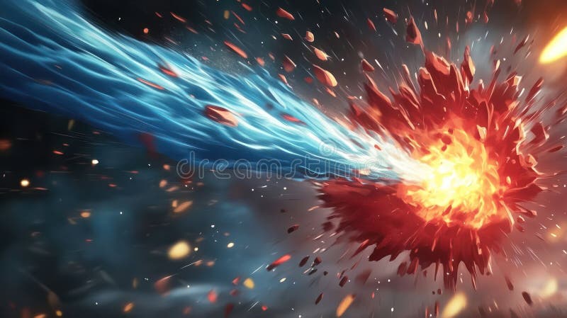 Fiery Collision of Blue and Red Energy Streams, Abstract Explosion ...