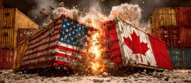 Explosive Clash between United States and Canada Flags on Shipping ...