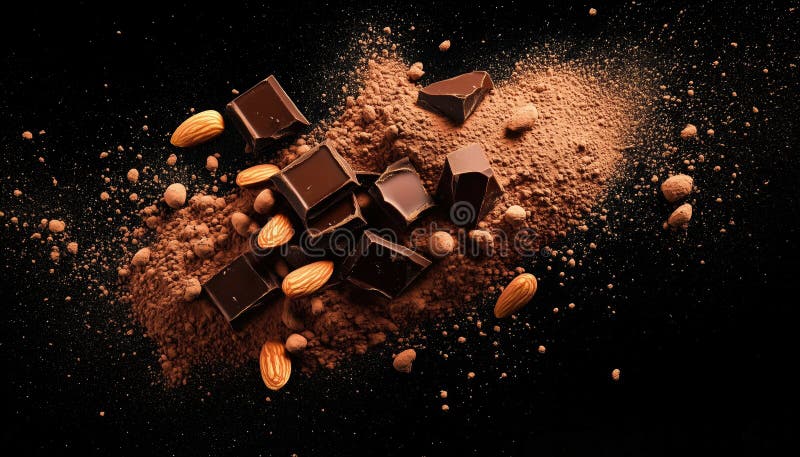 Explosive Cocoa Powder with Flying Chocolate Pieces and Almonds on a ...