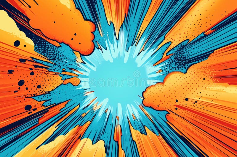 Explosive Comic Book Style Scene with Blue and Orange Rays Stock Photo ...