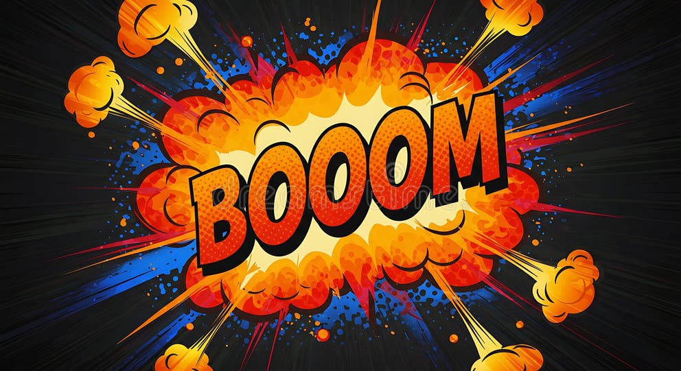 Explosive Comic Style Artwork Featuring Bold Booom Text with Colorful Background Effects Stock ...
