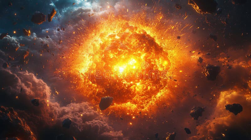 Explosive Cosmic Event with Fiery Eruption and Asteroids in Space Stock ...