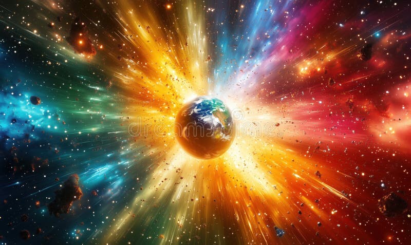 Explosive Cosmic Scene Featuring Earth Surrounded by Colorful Stellar ...
