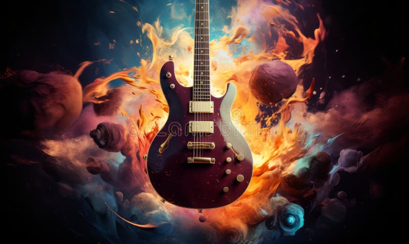 Explosive Cosmic Symphony with a Guitar Emerging from Vivid Celestial ...