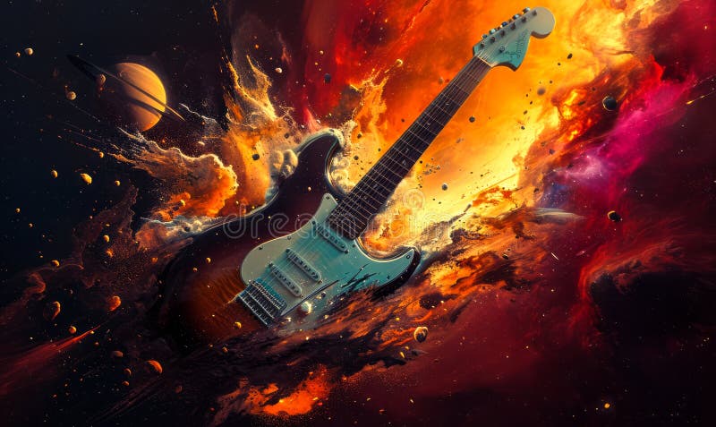 Explosive Cosmic Symphony with a Guitar Emerging from Vivid Celestial ...