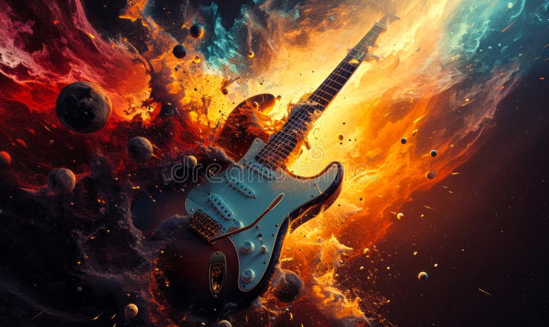 Explosive Cosmic Symphony with a Guitar Emerging from Vivid Celestial ...
