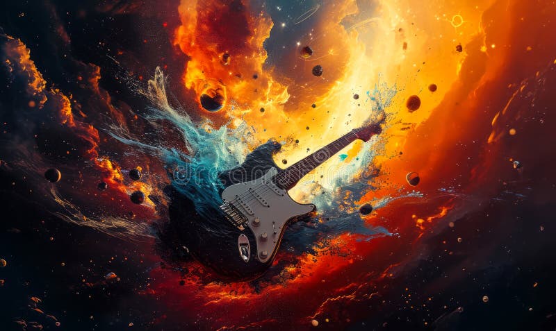 Explosive Cosmic Symphony with a Guitar Emerging from Vivid Celestial ...
