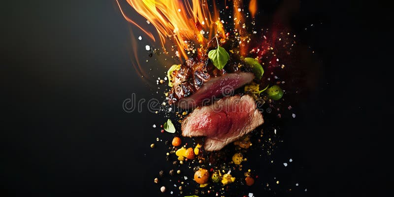 Explosive Culinary Creation with Vibrant Ingredients and Flames Stock ...
