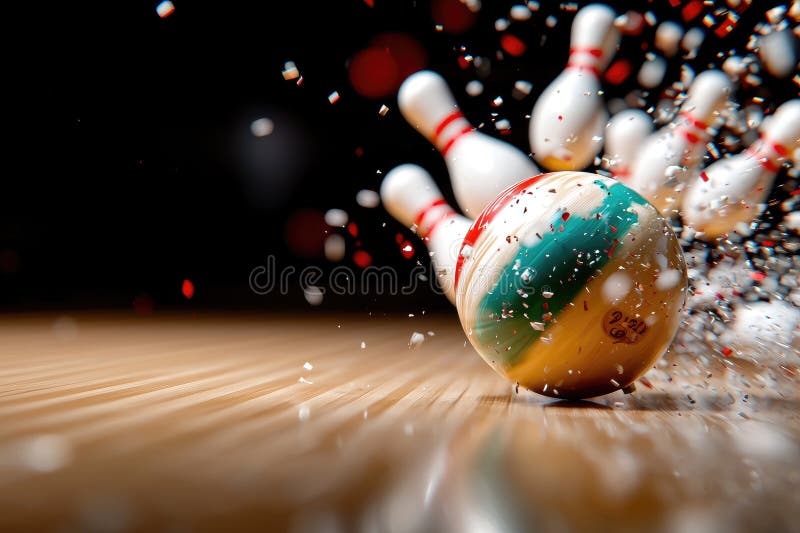 Explosive 3D Bowling Ball Strike with Flying Pins and Debris. Stock ...