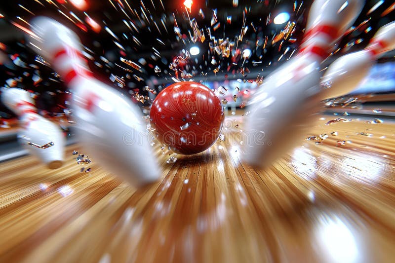 Explosive 3D Bowling Ball Strike with Flying Pins and Debris. Stock ...