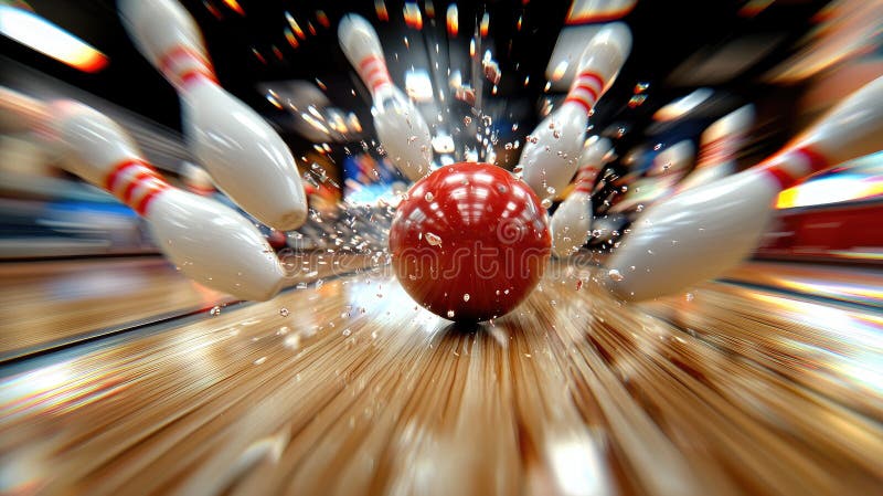 Explosive 3D Bowling Ball Strike with Flying Pins and Debris. Stock ...