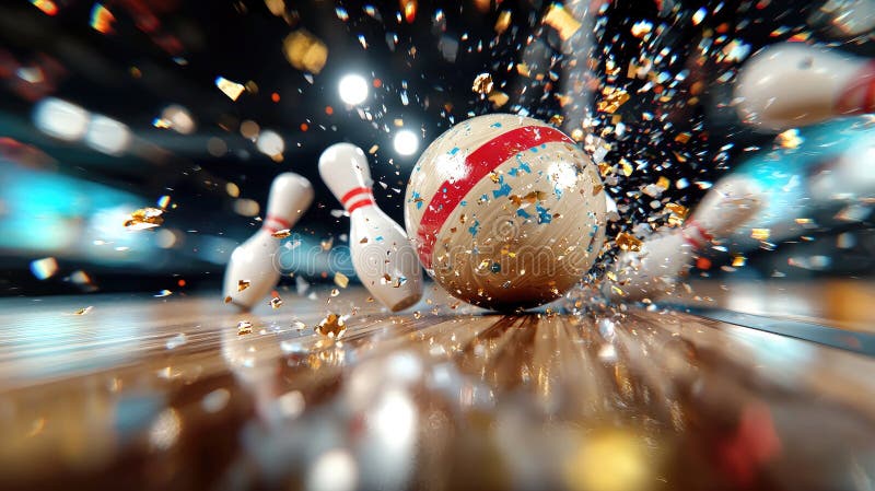 Explosive 3D Bowling Ball Strike with Flying Pins and Debris. Stock ...