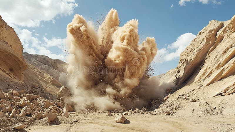 Explosive Demolition Activity in a Desert Canyon with Dust Clouds ...