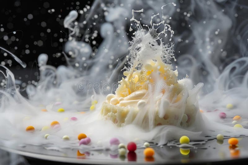Explosive Dessert Delight with Dry Ice Smoke Stock Photo - Image of ...