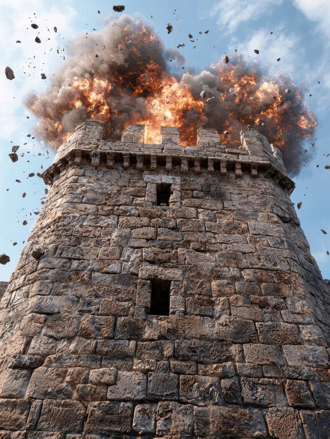 Explosive Destruction of Ancient Stone Castle Tower Stock Illustration ...