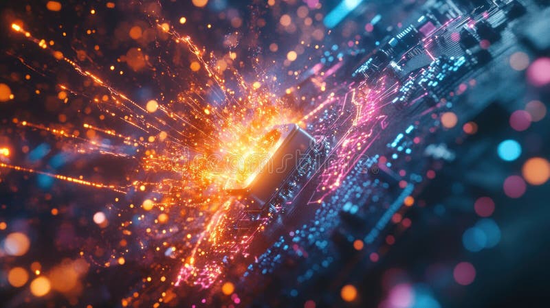 Explosive Digital Circuit Board with Glowing Processor Stock Image ...