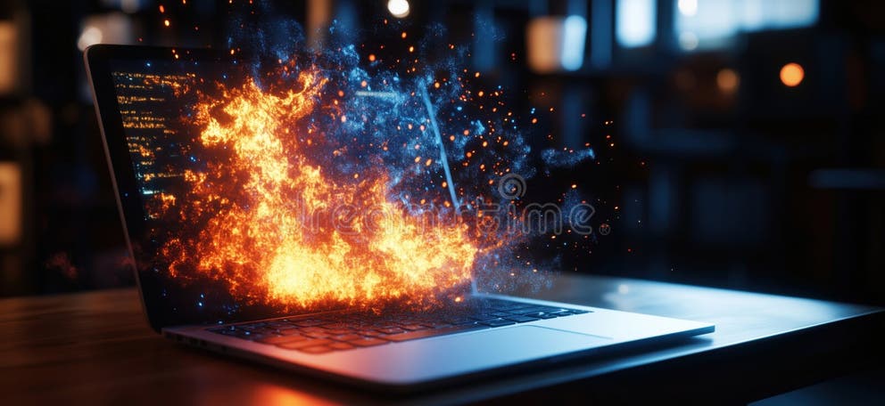 Explosive Digital Transformation with Fiery Sparks Emerging from Laptop ...