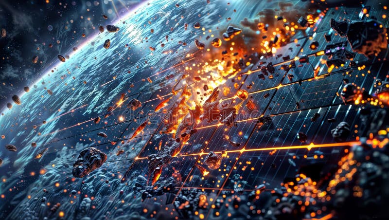 Dynamic Shattered Solar Panels with Fiery Particles, Abstract Energy ...
