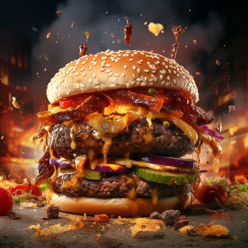 Explosive epic burger stock illustration. Illustration of portraits ...