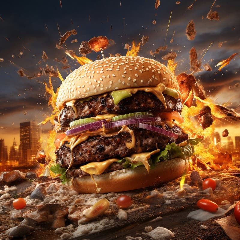 Explosive epic burger stock illustration. Illustration of dinner ...