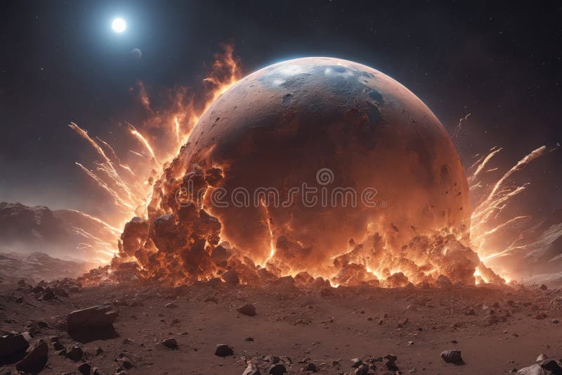 Explosive Eruption on a Distant Planet Under a Starry Sky at Night ...