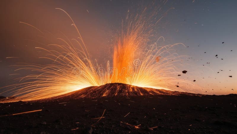 Explosive Eruption of Sparks and Debris from Volcanic Ground at Dusk ...