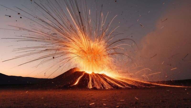 Explosive Eruption of Sparks and Debris from Volcanic Ground at Dusk ...