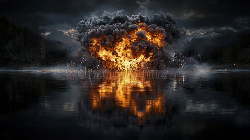 Explosive Events Unfolding Over Water Scenic Landscape Digital Artwork ...