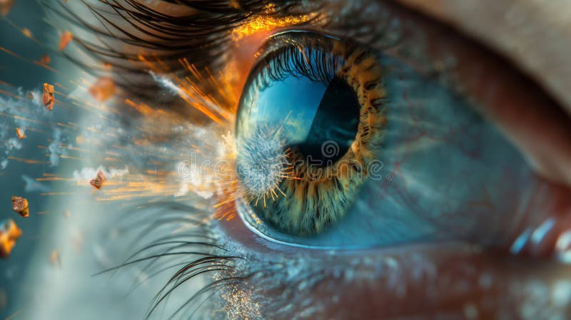 Explosive Eye with Fiery Reflections and Shattered Elements. Generative ...