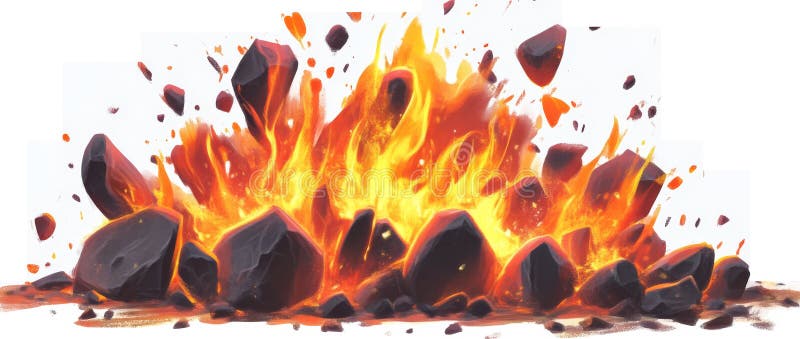Explosive Fiery Burst with Flying Rocks, Dynamic Illustration. Energy ...