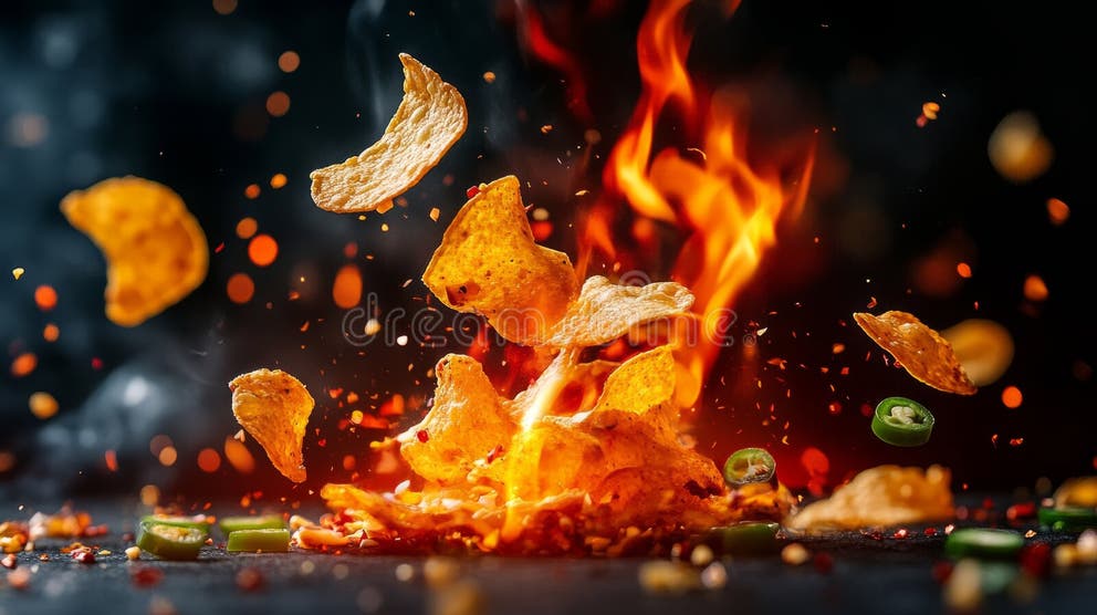 Explosive Fiery Chips with Jalapeno in a Dramatic Spicy Scene. Stock ...